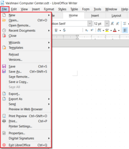 LibreOffice Writer Menus & Their Options Lists in Hindi