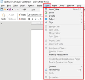 LibreOffice Writer Menus & Their Options Lists in Hindi