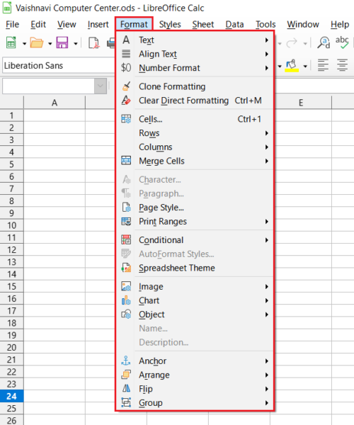 LibreOffice Calc Menus और उसके Options की List in Hindi for CCC